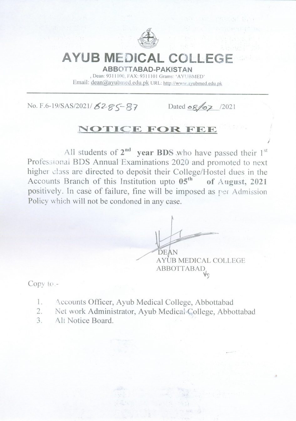 fee notice – Ayub Medical College, Abbottabad.