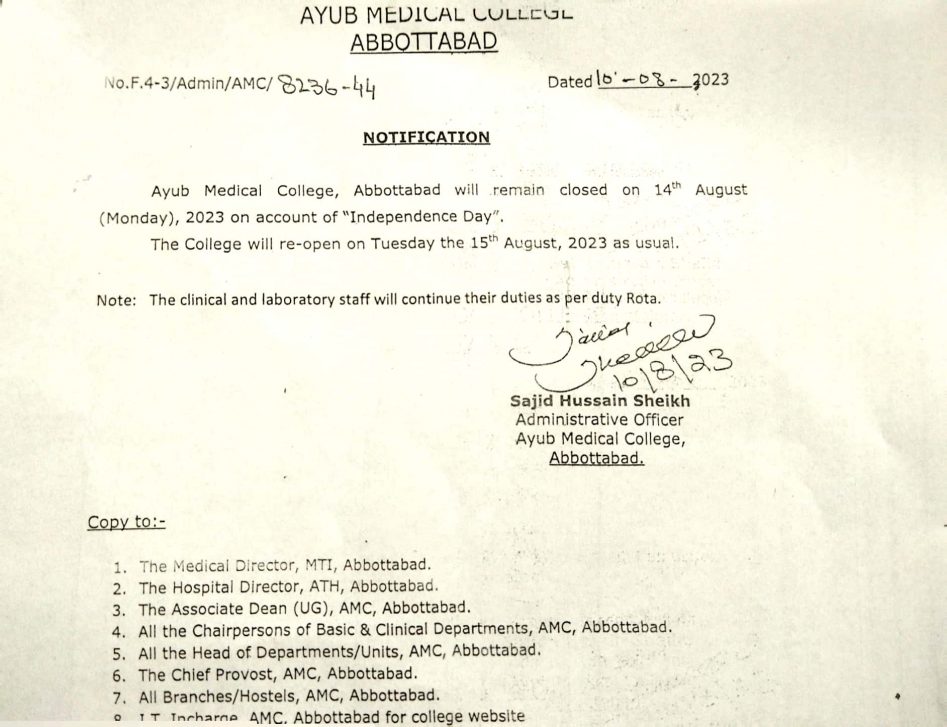 Notice Board – Ayub Medical College, Abbottabad.